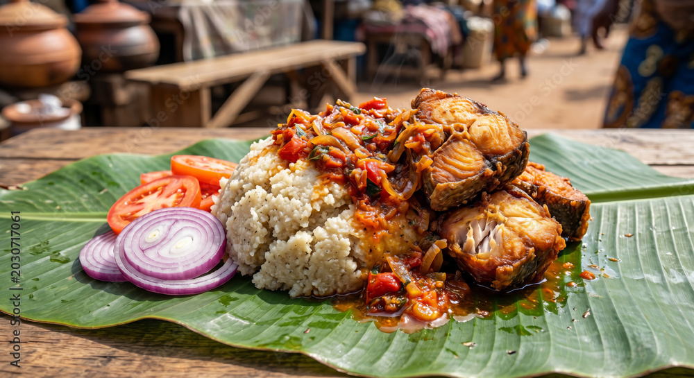 Ivorian Garba Cassava Semolina with Fried Tuna 8K の Stock フォト | Adobe Stock