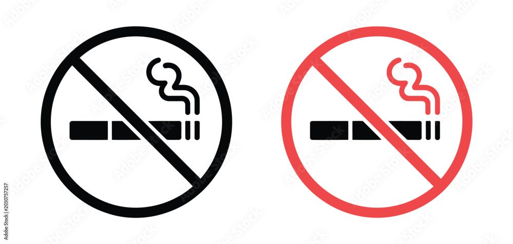 No Smoking Sign Icon Set Featuring Cigarette and Prohibition Symbols ...