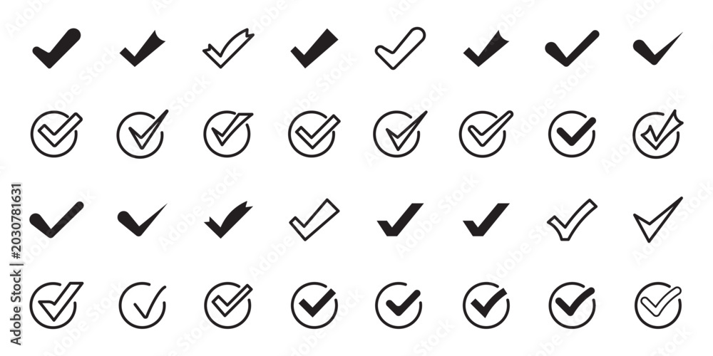 Check mark icon set vector, green tick approval and verification ...