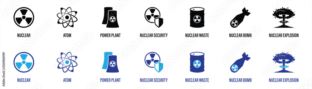 Nuclear Energy and Radiation Hazard Icon Set with Atom, Power Plant ...