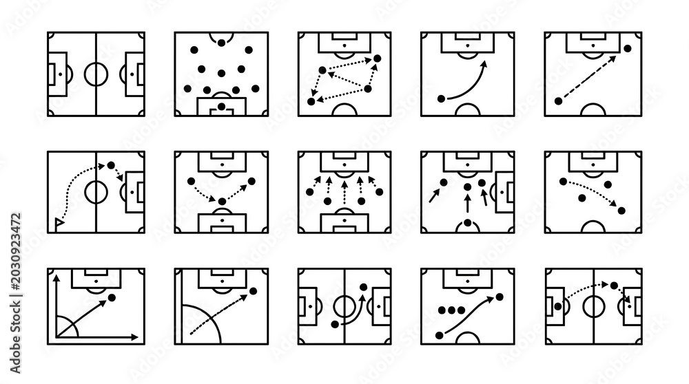Soccer field play icons, football strategy diagrams and tactics ...