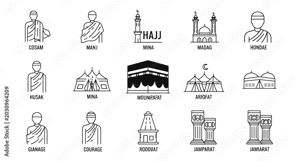 Islamic Hajj pilgrimage line icon set, 15 religious icons for Umrah and ...