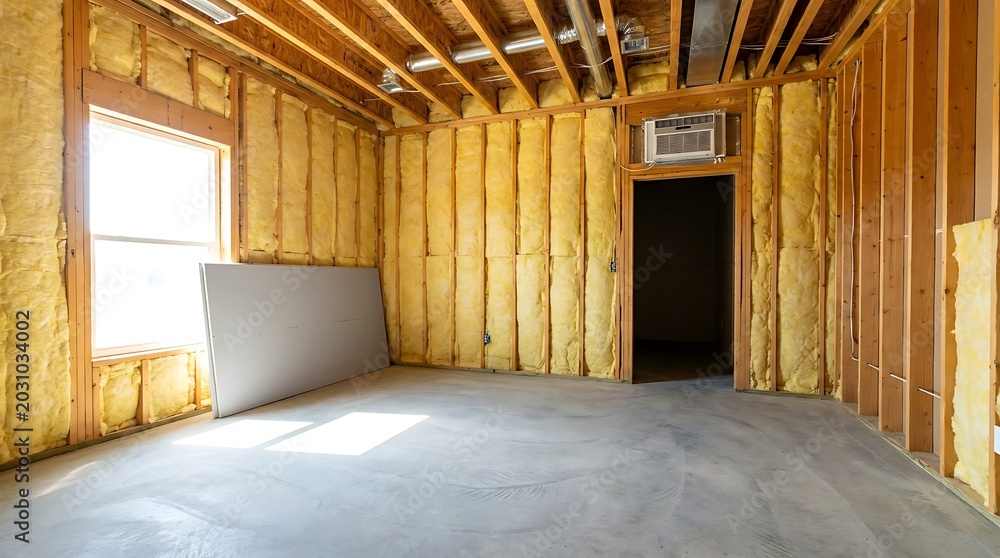 Unfinished basement interior room with exposed wood framing yellow ...