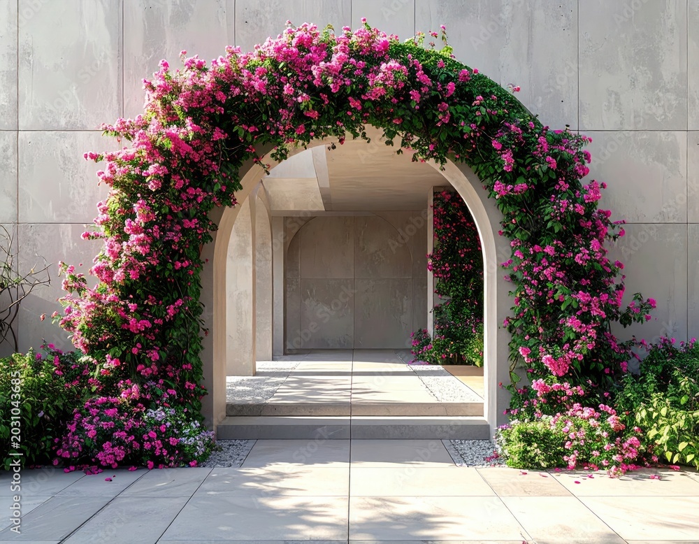 Archway overflowing with vibrant pink flowers, leading to a modern ...
