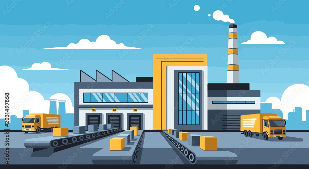 Modern factory building with loading docks and conveyor belts, trucks ...