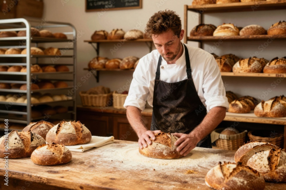 Baker kneading sourdough loaves in rustic bakery kitchen Stock Photo ...