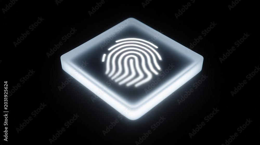 Glowing frosted glass fingerprint sensor floating over black background ...