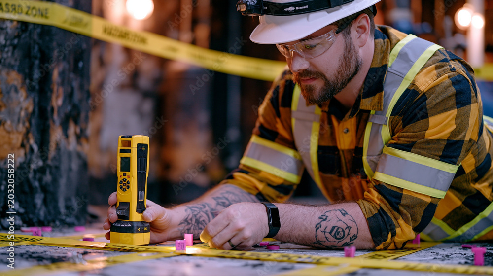 Industrial accident reconstruction specialist places scaled measurement ...