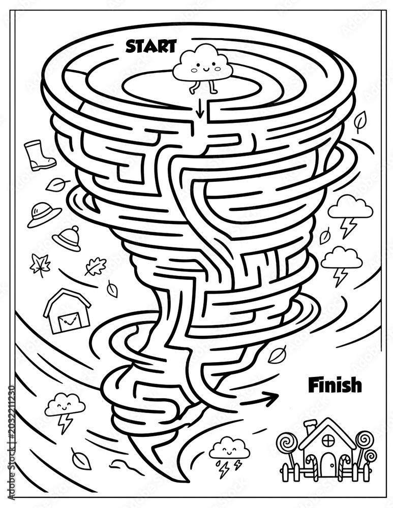 Tornado Maze Coloring Activity for Kids with Storm Clouds and House ...