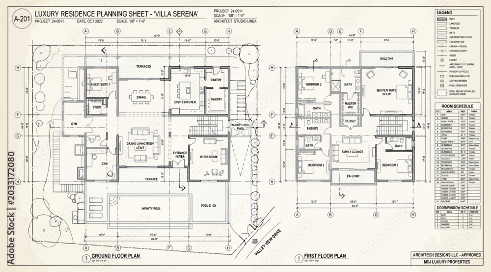 Architectural planning sheet for a luxury villa showing ground floor ...