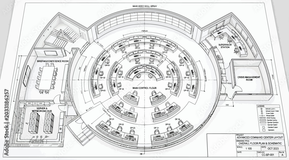 Architectural floor plan of a circular command control center with ...