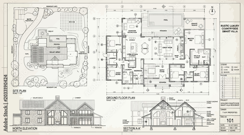 Architectural blueprints showing floor plans, site plan, and building ...