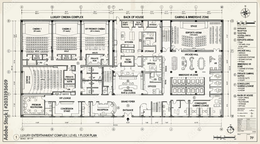 Architectural floor plan of a multipurpose entertainment complex ...