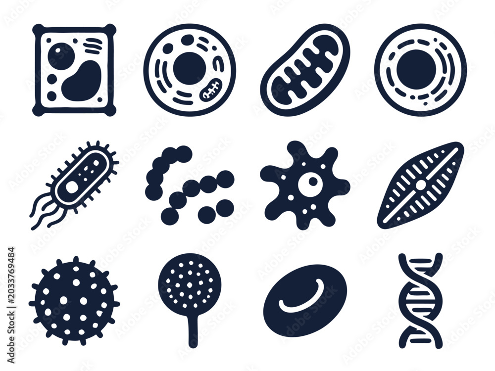 Bold Cell Biology and Microbiology Icon Set with Plant Cell Animal Cell ...