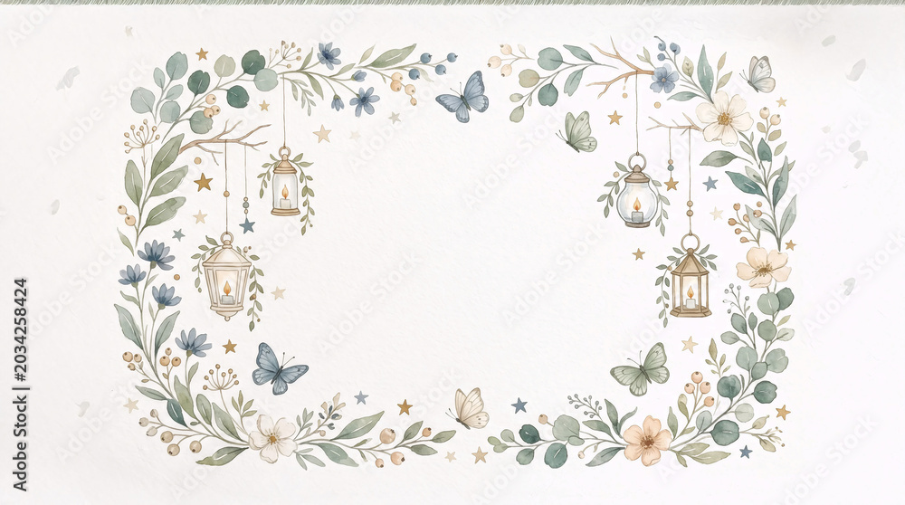 Elegant floral border with butterflies watercolor illustration 스톡 ...