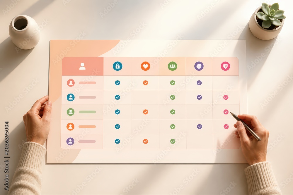 Foto de Stock Colorful comparison chart held by hands on desk with ...