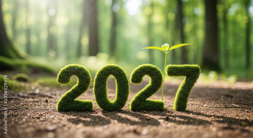 Стокова ілюстрація Green moss-covered numbers 2027 with a small plant ...