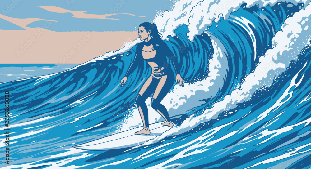Female surfer riding a large blue ocean wave illustration Stock-vektor ...
