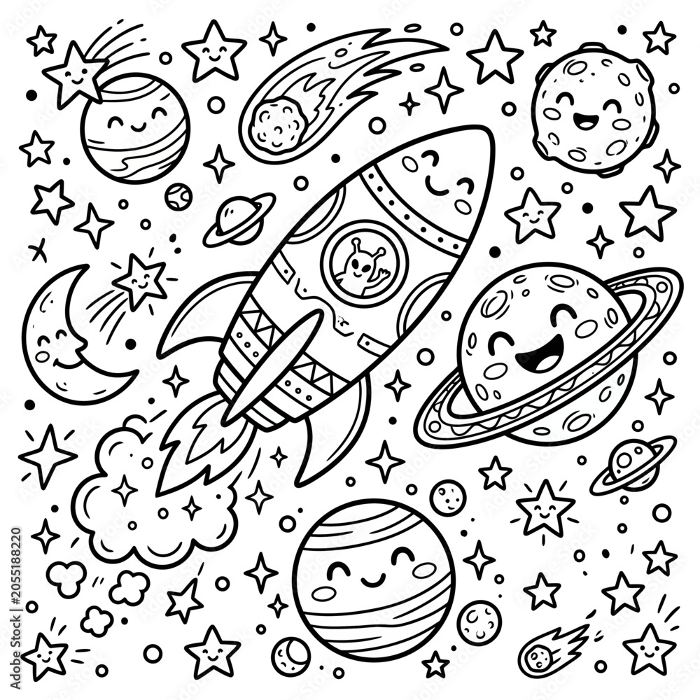 Cute space rocket coloring page for kids の Stock ベクター | Adobe Stock