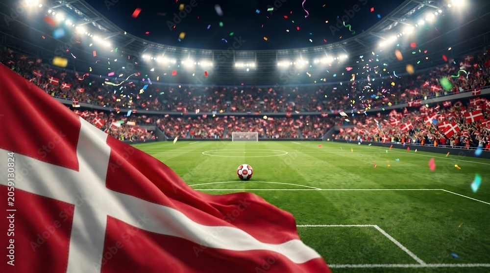 Danish flag waving in a soccer stadium with confetti and a crowd ...