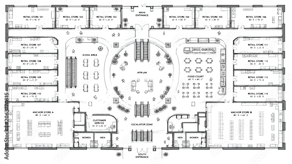 Architectural floor plan of a commercial shopping mall, detailed retail ...