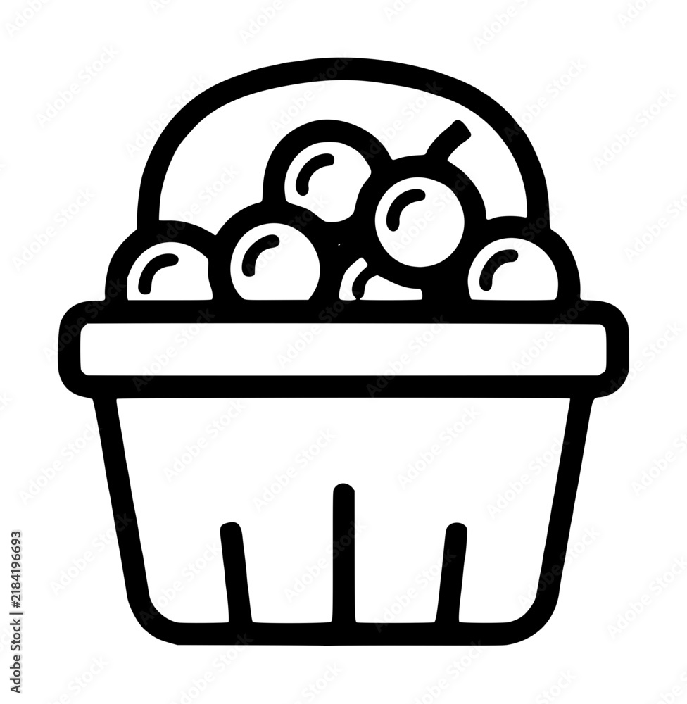 Blackcurrant Basket Hand Drawn Vector Icon - Simple Line Art Berry ...