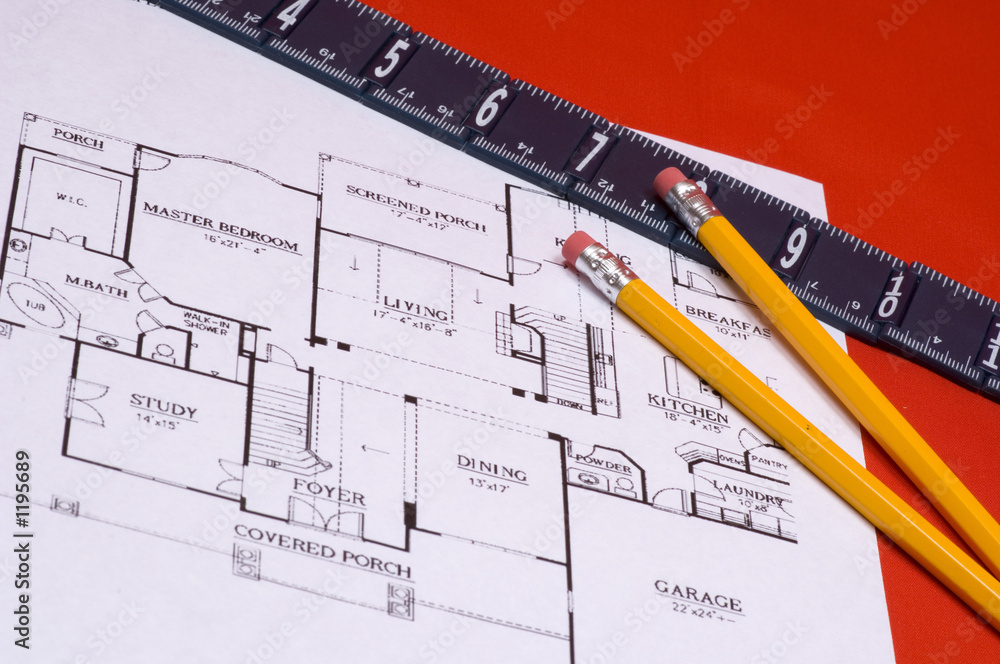 Foto de ruler and pencils on house floorplan do Stock | Adobe Stock