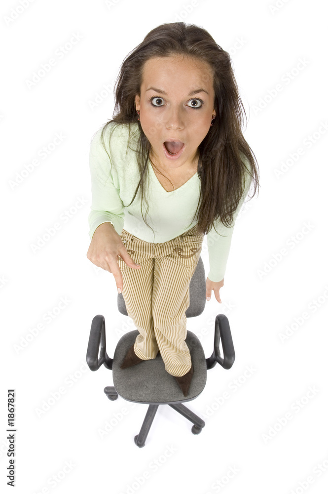 terrified woman standing on the office chair Stock-Foto | Adobe Stock terrified woman standing on the office chair Stock-Foto | Adobe Stock