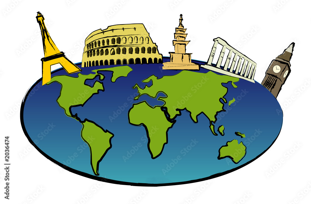 world map showing famous landmarks Stock Illustration | Adobe Stock