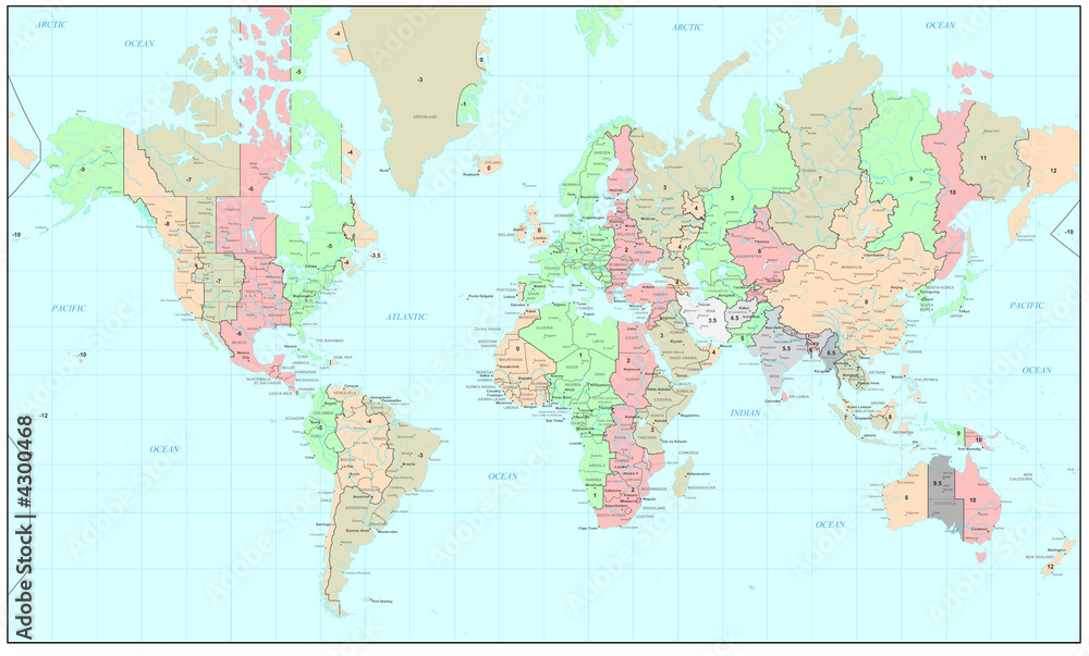 Political World map with time zones Stock Illustration | Adobe Stock