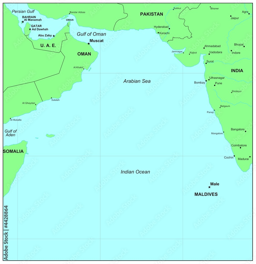 Sea maps series: Arabian Sea, Indian Ocean Stock Illustration | Adobe Stock
