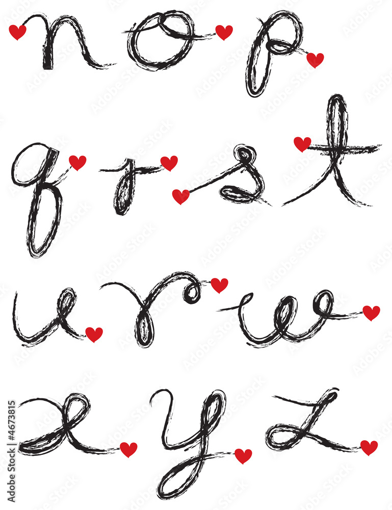 black charcoal cursive alphabet with red heart - part 2 Stock ...