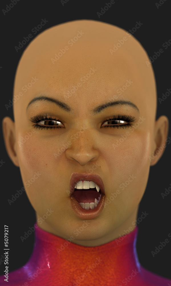A close-up of a sexy bald woman with vampire fangs snarling. Stock ...