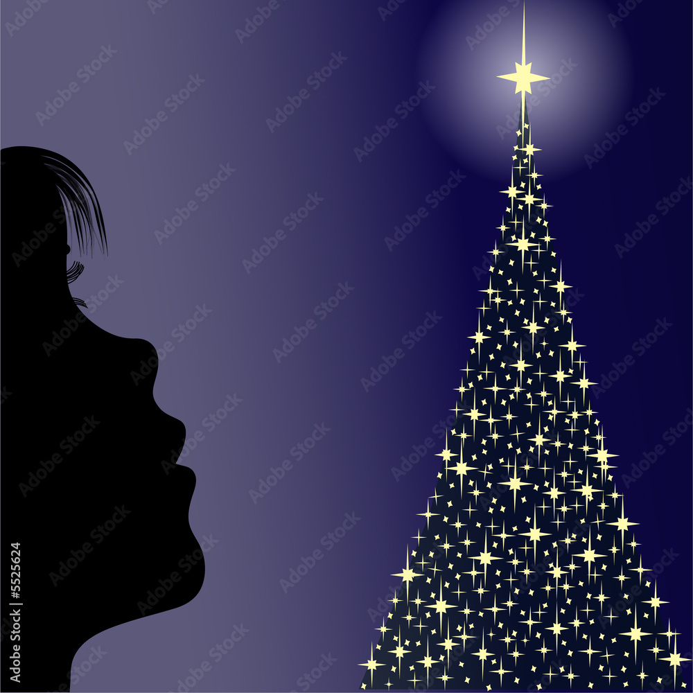 niñita mirando arbol de estrellas ilustración de Stock | Adobe Stock