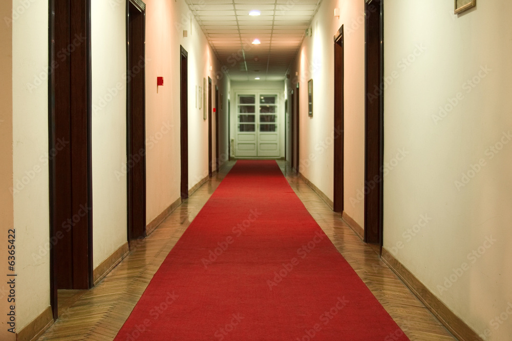 Shot of hotel hall interior with red carpet in night scene Stock Photo ...