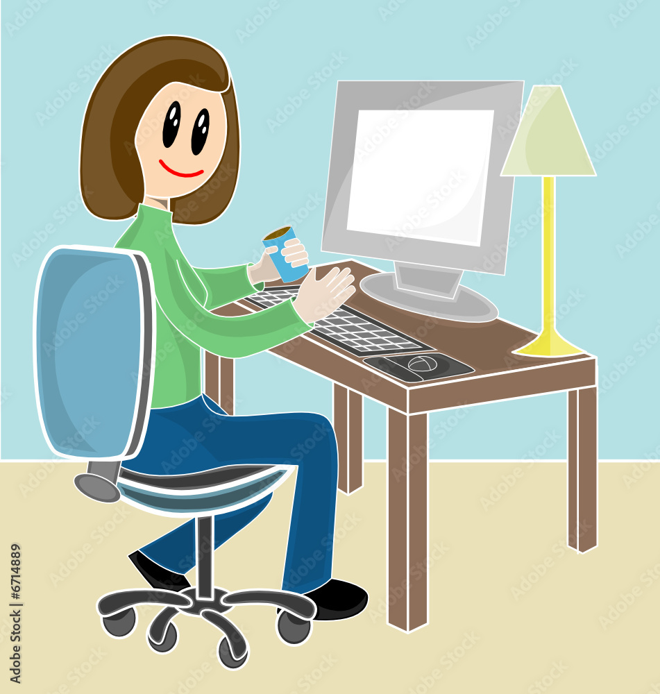 Cartoon female sitting at desk holding drink infront computer Stock ...