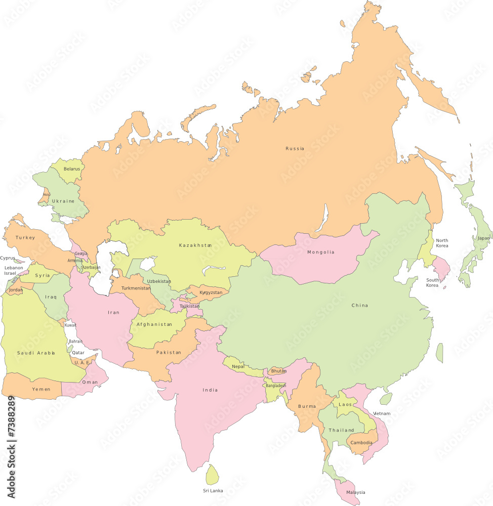 Asia continental vector map with countries Stock Vector | Adobe Stock