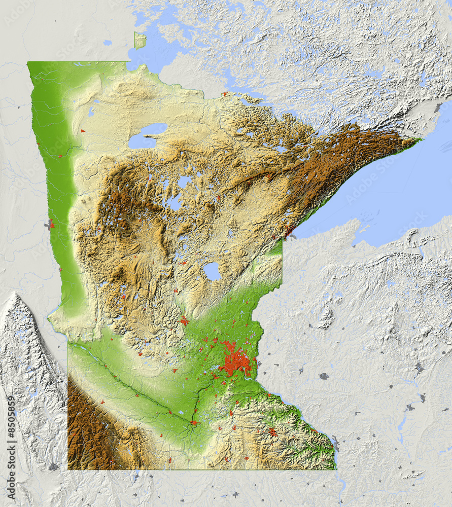 Minnesota, relief map, colored according to elevation. Stock Illustration | Adobe Stock