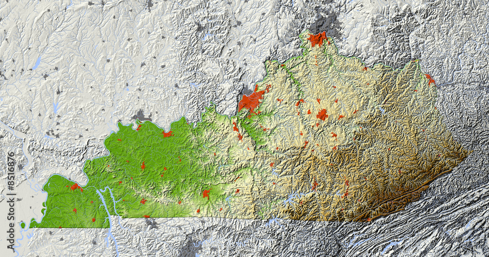 Kentucky, relief map, colored according to elevation. Stock ...