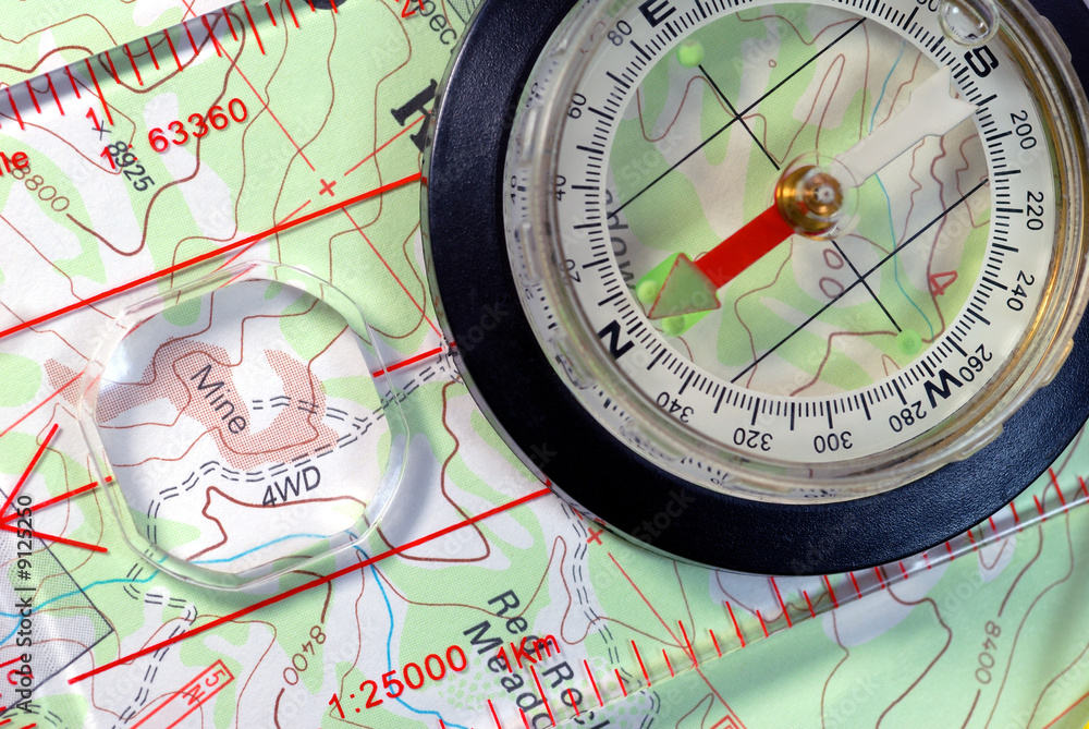 Transparent Navigational Compass on Topographical Map Stock Photo ...