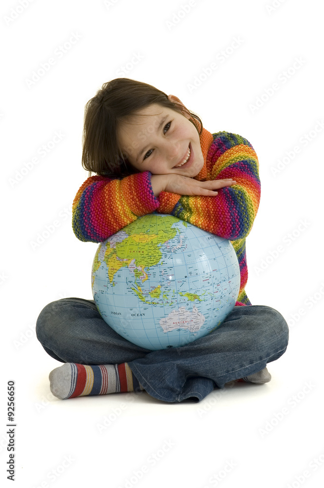 young girl embracing the world globe isolated on white Stock Photo ...