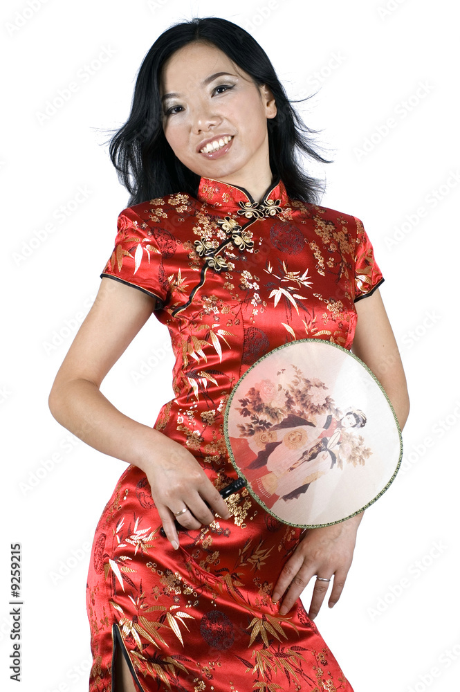 Beautiful Chinese girl, smiling, happy, holding small fan Stock Photo ...