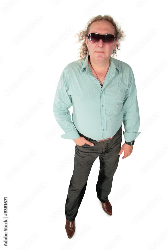 Standing big fat curly man in sunglasses Stock Photo | Adobe Stock
