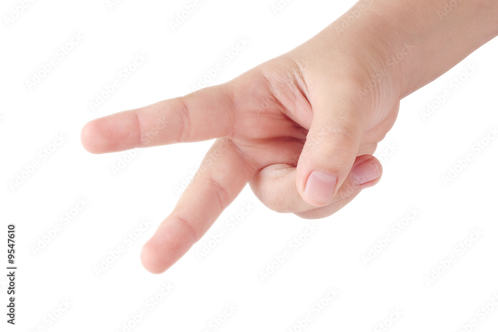 Child's hand showing two fingers on white background Stock Photo ...
