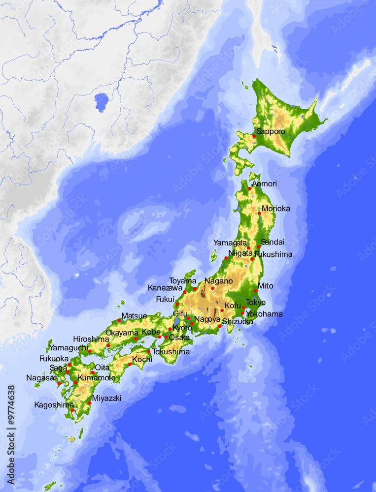Japan. Physical vector map, colored for elevation. Stock Vector | Adobe ...