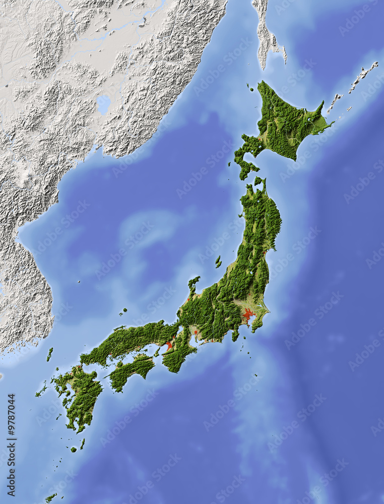 Japan. Shaded relief map, colored for vegetation Stock Illustration ...