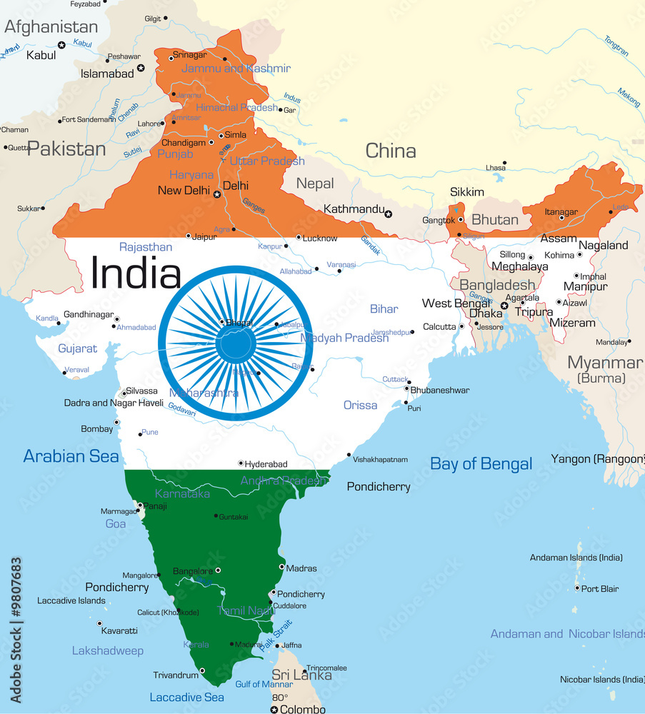Vector map of India country colored by national flag Stock Illustration ...