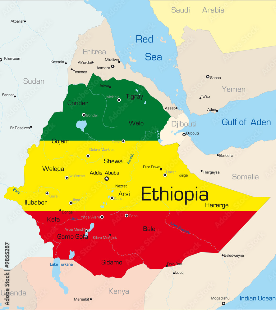 map of Ethiopia country colored by national flag Stock Illustration ...