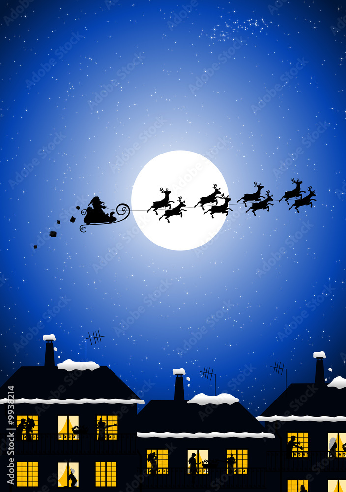 Santa Claus flying over the families in their houses Stock Illustration ...