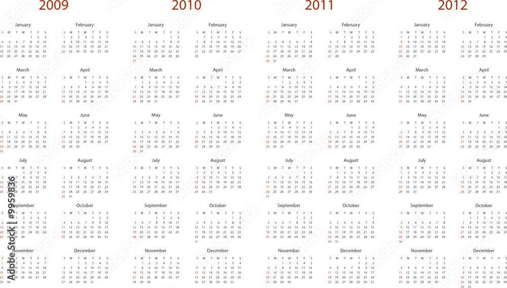 Simple calendar for 2009, 2010, 2011 and 2012. Stock Vector | Adobe Stock